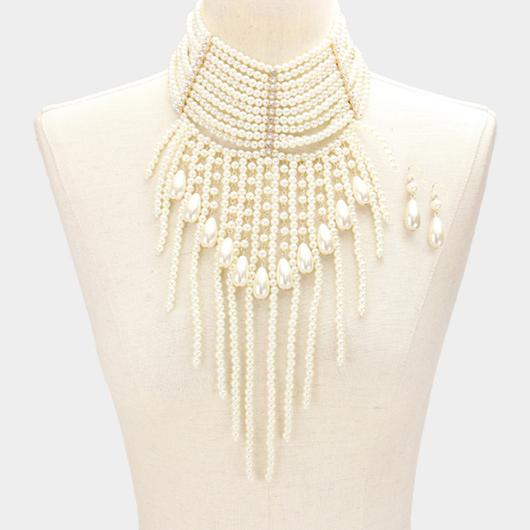 Jewelry | Multi Layered Long Pearl Fringe Necklace Earrings | Poshmark